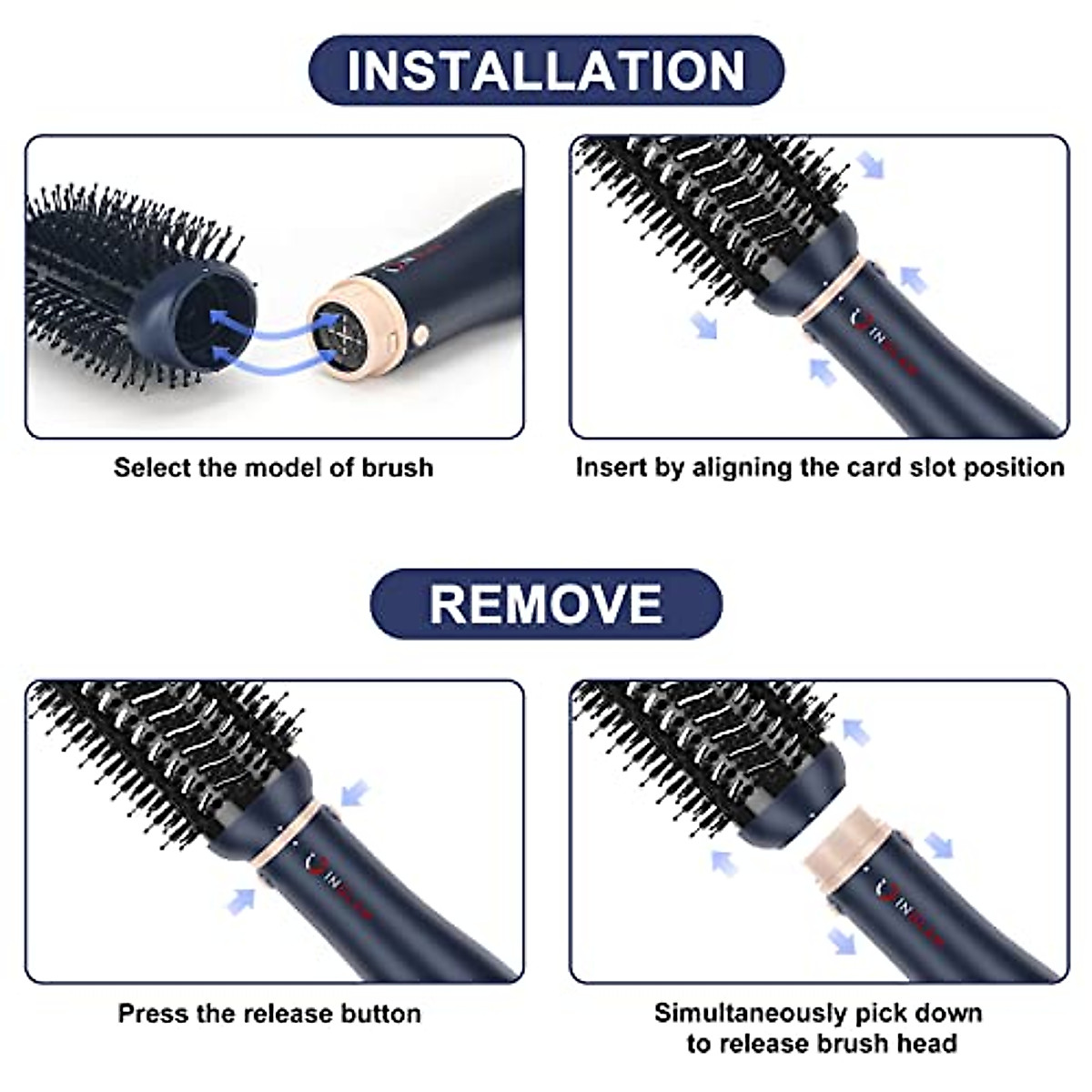 Hair Dryer Brush Set, IG INGLAM 4 in 1 Blowout Brush, Negative Ion Detachable Hair Dryer & Styler Volumizer Hot Air Hair Dryer Brush with 2 Styling Brush Heads, Prussian Blue