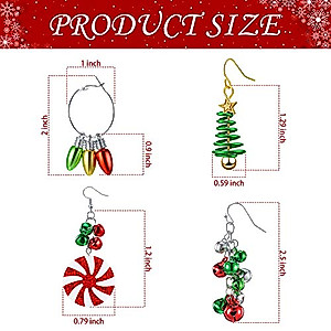 Hicarer 4 Pairs Christmas Dangle Earrings Set Christmas Tree Bell Light Bulbs Hoop Earrings for Holiday Women(Cute Style)