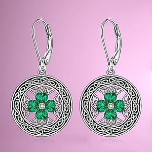 St Patricks Day Shamrock Earrings for Women Sterling Silver Green Celtic Knot Four Leaf Clover Irish Dangle Drop Earrings Crystal Vintage Black Circle Leverback Valentines Day Gift
