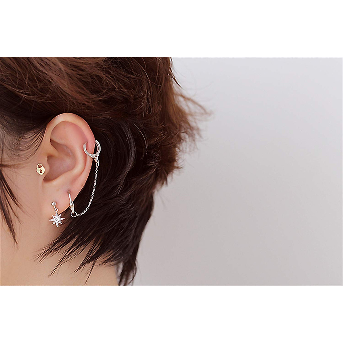 Minimalist Double Hoop Earrings for Women Girls Men Sterling Silver Pair Small Hoops Dangle Chain Drop Dangle Cartilage Second Hole Fashion Personalized Punk Jewelry 1 Piece (Silver)