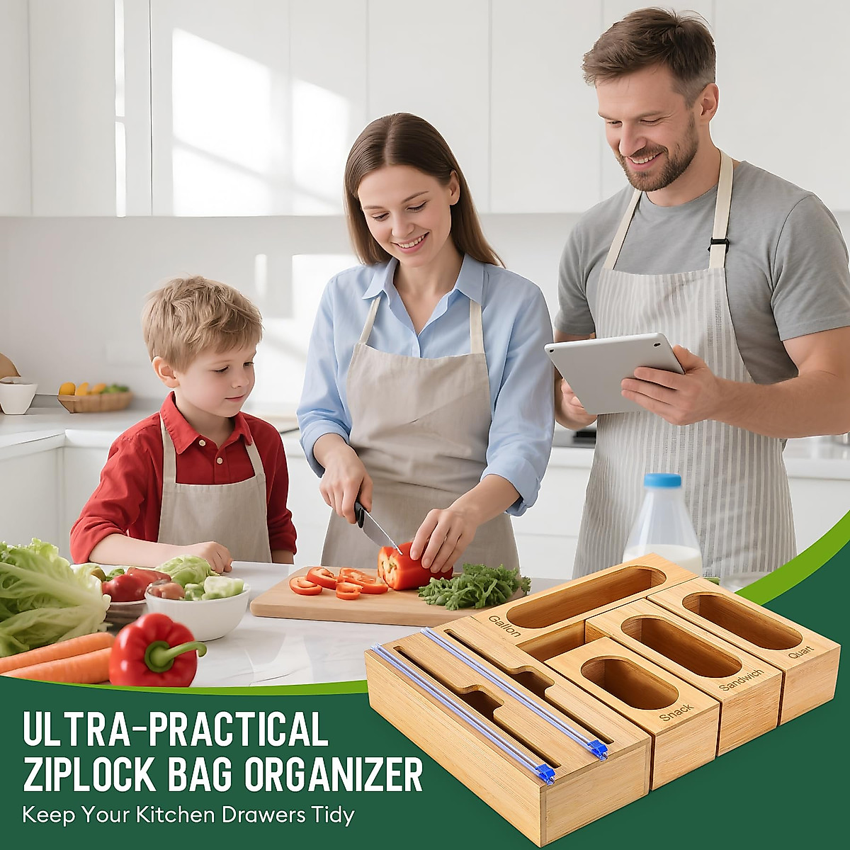 Openable Bamboo Ziplock Bag Storage Organizer & Foil and Plastic Wrap Organizer, Plastic Wrap Dispenser with Cutter and Ziplock Bag Organizer for Kitchen Drawer, 5 Baggie Organizer for Gallon,Quart,Sandwich,Snack