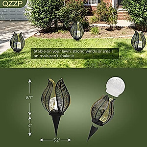QZZP Garden Decor Solar Lights Outdoor, Crackle Glass Globe Palm Leaf Decorations, Waterproof LED Metal Flower Light for Yard Front Porch Patio Gardening Gift for Mom Grandma Women Birthday