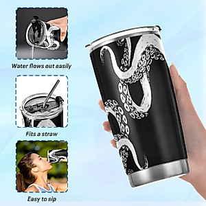 Yasala Tumbler Tentacles Octopus Black Insulated Coffee Cup Beverage Container Travel Mug with Straw and Lid Double Wall Stainless Steel 20oz BPA-Free for Sport, Back to School