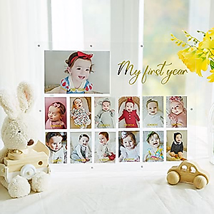LOOKEY My First Year Acrylic Baby Picture Keepsake Frame, Monthly Milestone, 12 month Photos, Gender-Neutral Nursery Décor, First Birthday Monthly Photo Collage, Baby Shower, New Mom Gift