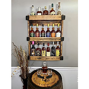 Wooden Bourbon Whiskey Barrel Stave Shelf, Large Torched Three-Tier Liquor Bottle Display Cabinet, Wall Mount, Easy Installation, Medium