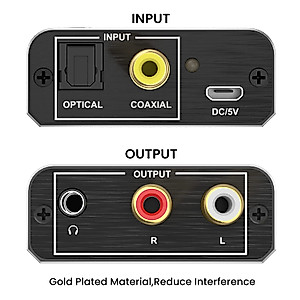 192KHz Digital to Analog Audio Converter, Aluminum Optical to RCA Converter with Optical Coaxial Cables, Toslink Optical Digital to RCA (L/R) and 3.5mm Jack DAC For TV PS4 DVD PS3 Amp Receiver Speaker