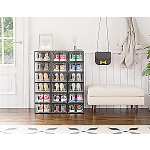 SIMPDIY Shoe Storage, 12 Pack Shoe Organizer for Closet, Shoe Boxes Clear Plastic Stackable Shoe Containers with Lids for Size 10, Black