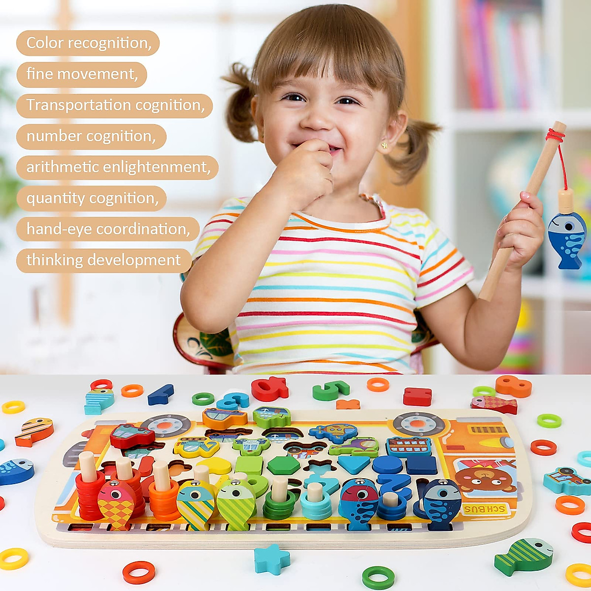 Busy School Bus Learning Montessori Toys for Preschool Toddlers, Puzzles, Math Games, Numbers, Shapes Classifiers, Counting, Stacking and Fishing, Activity Gifts for Boys and Girls of 3 to 5 Years