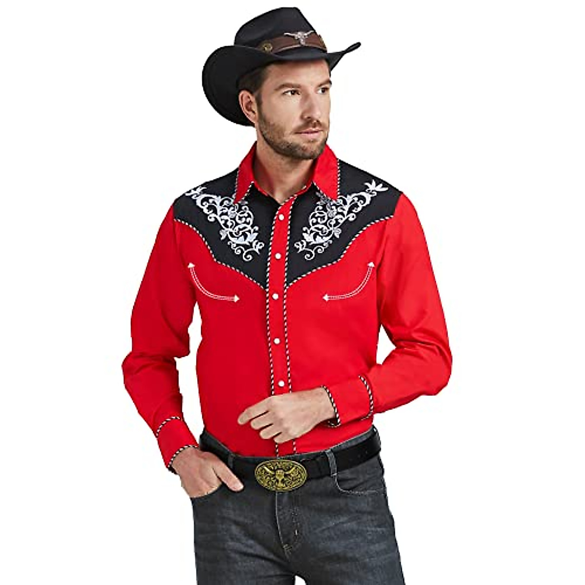 JoZorro Men's Long Sleeve Pearl Snap Shirt Cowboy Cut Western Embroidered Casual Button Down Shirt