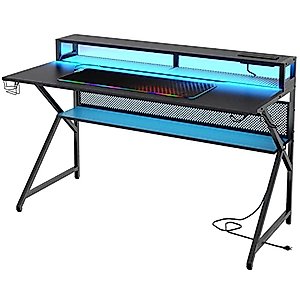 Loomie Computer Desk 55" W with LED Strip and Power Outlets, Gaming Desk with RGB Big Mouse Mat,Ergonomic K Shaped Gamer Desk with Monitor Stand and with Cable Management Mesh Bag,Black