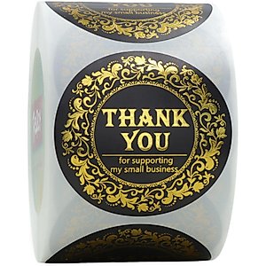 2 Inch Thank You Stickers Small Business with Gold Floral Frame, 500 Gold Foil Round Sticker Labels Roll for Small Business Packaging Supplies, Black Thank You Sticker Tags, Small Business Stickers