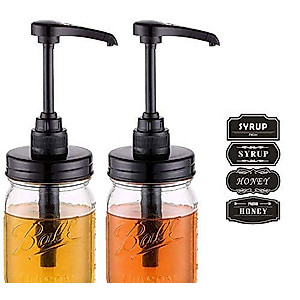 Mason Jar Syrup & Honey Dispenser Pump Lids, Rust Proof, Plastic Dispenser Lid for 16 oz Regular Mouth Mason Jars Kitchen and Table Decor - 2 Pack