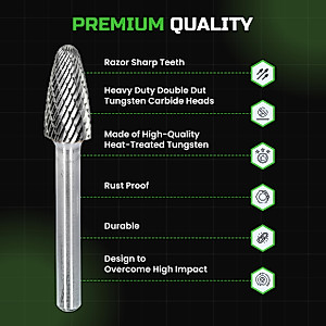 Carbide Burr Set 1/4" Shank – 10 Pcs Double Cut Die Grinder Bits for Milling, Carving, Engraving, Deburring, Drilling Wood & Metals – Tungsten Carbide Drill Bit Set for Rotary Tools & Die Grinders