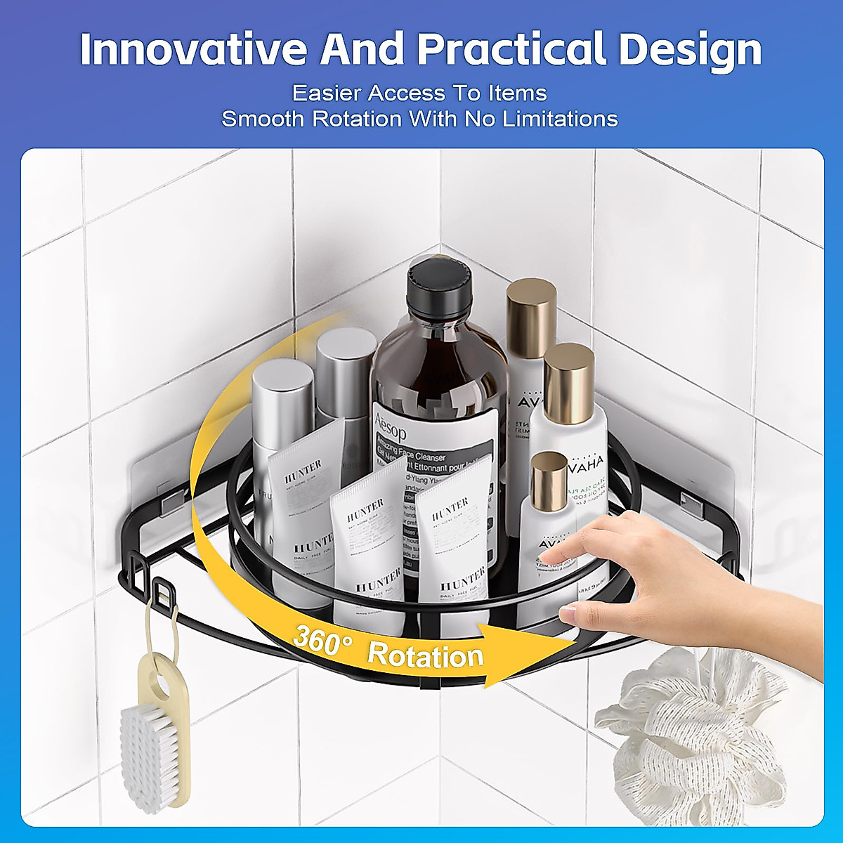 Seinloes Ratating Corner Shower Caddy,Stainless Steel corner Shower Storage Shelves,No Drilling Large Capacity Lazy Susan Shower Organizer,multifunctional wall mounted turntable for Bathroom &Kitchen