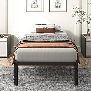YUSENHEEI Twin Size Bed Frame 16 Inches High Metal Platform Bedframe with Slat Strips Easy Assembly Heavy Duty Strong No Need Box Spring Noise Free Non-Slip Large Storage Space Underbed