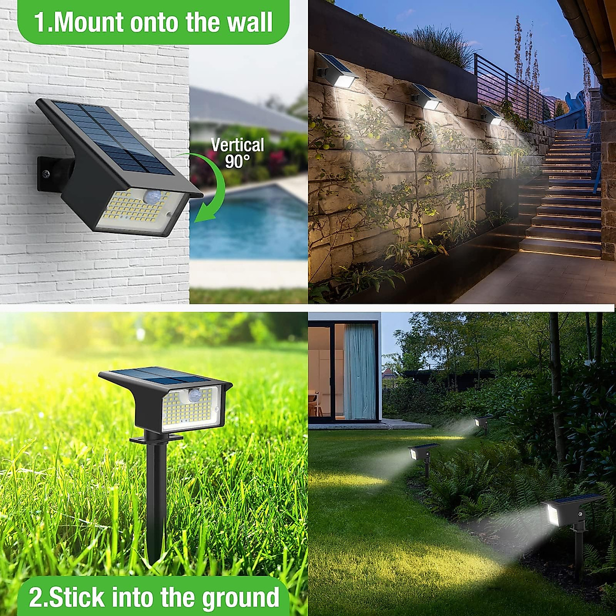 nipify Solar Spot Lights Outdoor - 3 Pack/62 LED Solar Motion Sensor Lights Outdoor Waterproof, 3 Modes in 1; Landscape Spotlights for Outside Yard Wall Garden - Cool White