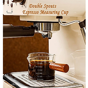 Espresso Shot Glass 75ML Double Spouts Espresso Measuring Cup Milk Cup Espresso Accessories with Wood Handle for Barista Coffee Espresso Making (2 Pack)