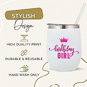 Your Dream Party Shop Powder Coated Stainless Steel 12oz Stemless Wine Glass with Straw and Lid with Print (Birthday Girl)