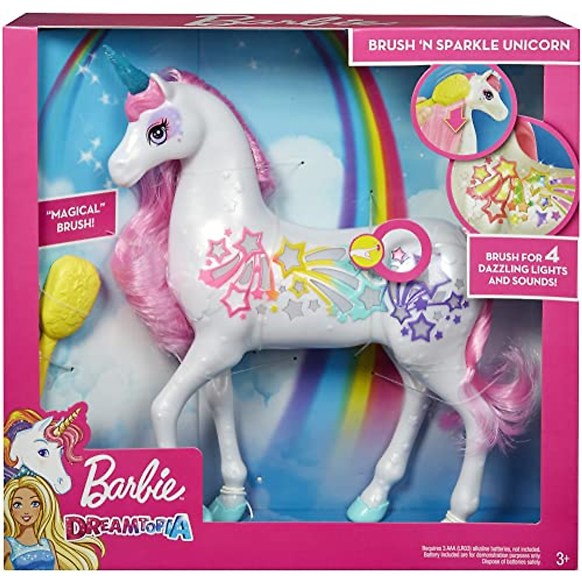 Barbie Dreamtopia Unicorn Toy, Brush 'N Sparkle Pink and White Unicorn with 4 Magical Lights and Sounds (Amazon Exclusive)