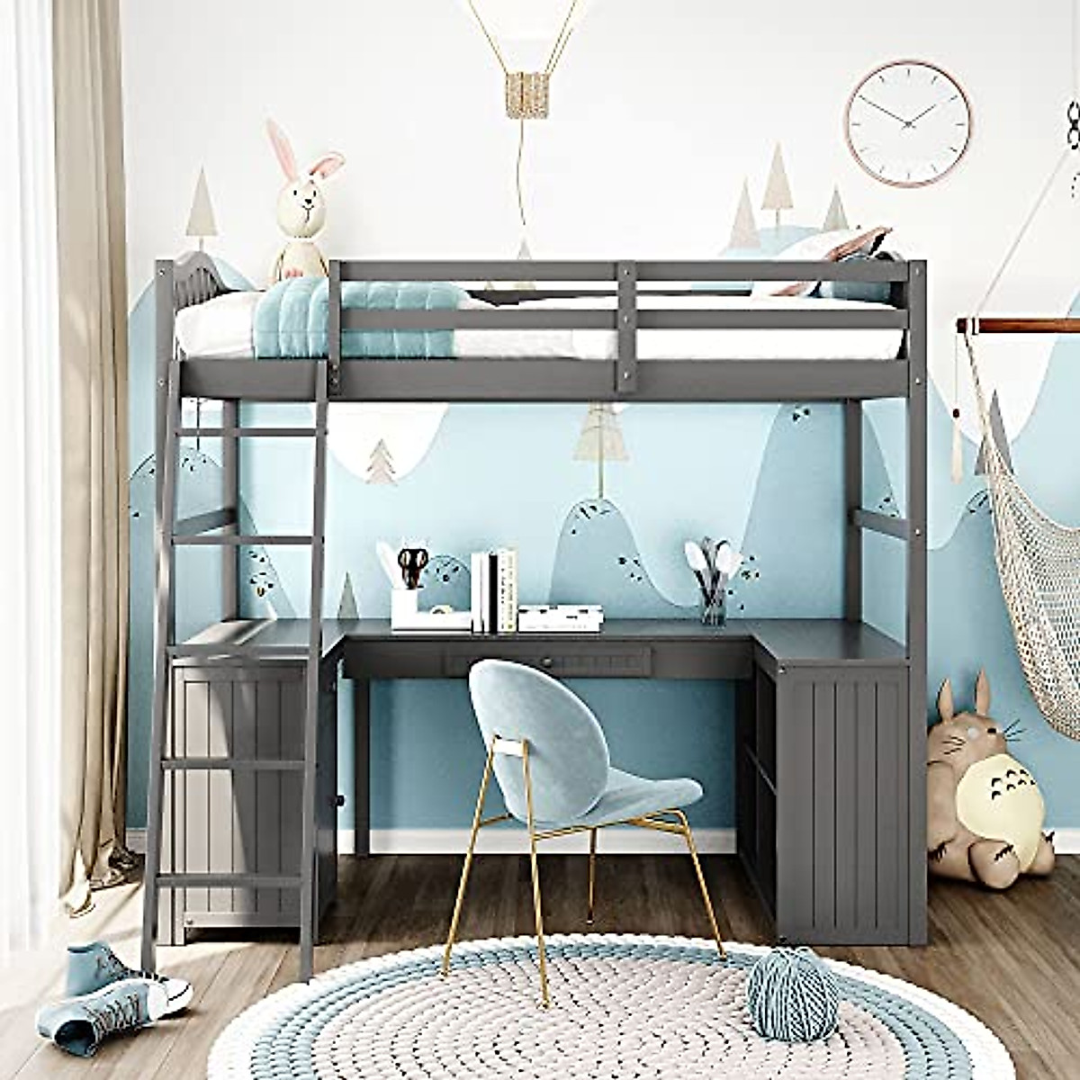 MegaChunk Twin Size Loft Bed with Drawers, Cabinet, Shelves and Desk, Wooden Loft Bed with Desk - Gray