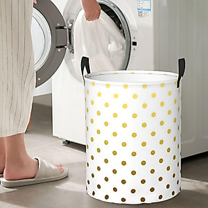 Large Laundry Basket, White Gold Polka Dot Laundry Hamper Bag 19.6" Collapsible Washing Bin With Handles for College Dorm, Family Essentials Storage
