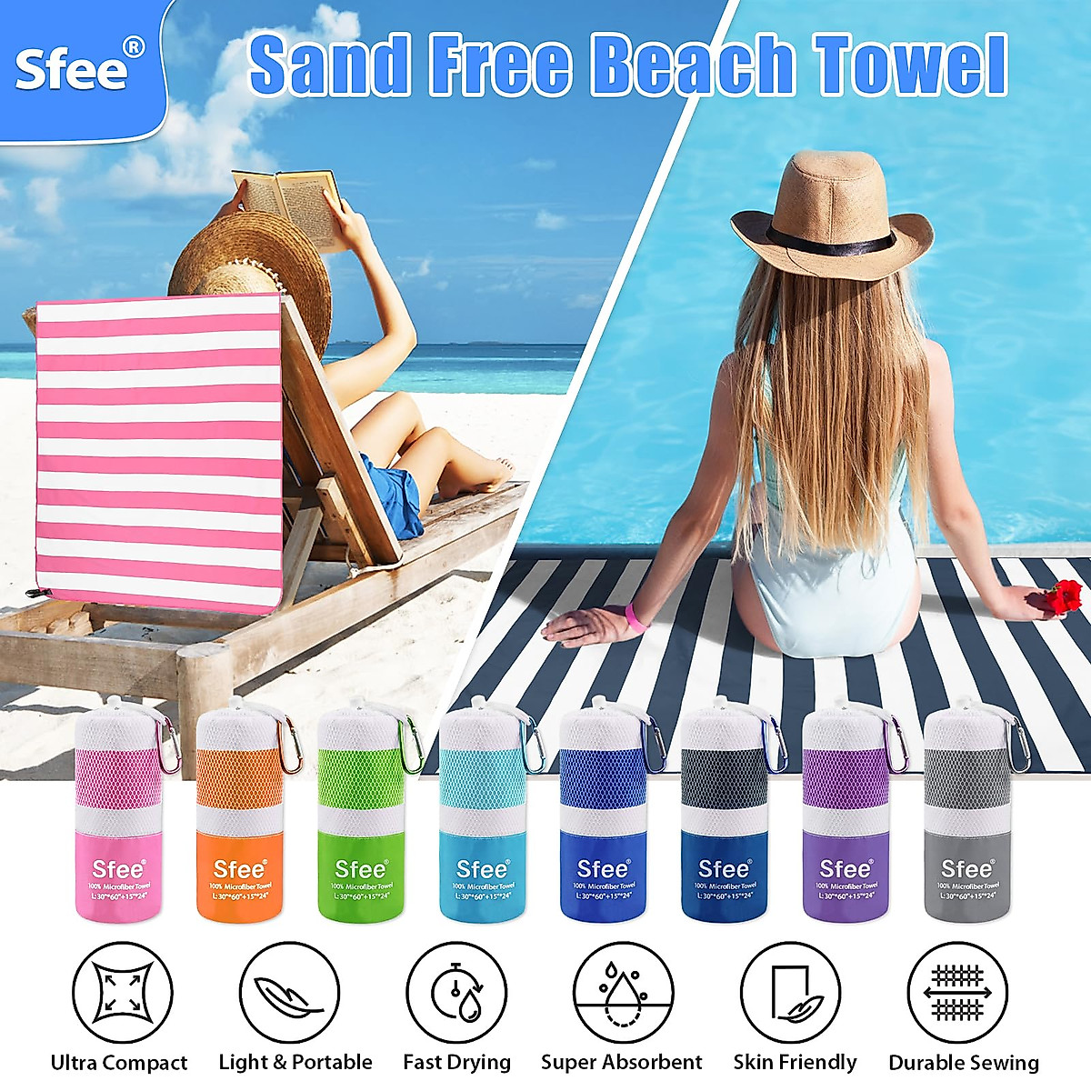 Sfee 2 in 1 Microfiber Beach Towel, Quick Dry Towel Camping Towel Travel Towel Super Absorbent Compact Lightweight Sports Towel Gym Towel Set for Beach, Gym, Hiking, Pool, Backpacking, Bath, Yoga
