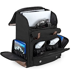 LoDrid Game Backpack Compatible with PS5/PS5 Slim/PS4/PS4 Pro/PS4 Slim/Xbox One/Xbox One X/Xbox One S, Protective Console Travel Carry Case with Pockets for 15.6" Laptop, Accessories (Patent Design)