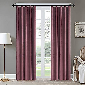 Roslynwood Home Decorative Velvet Curtains 52 inch Width for Bedroom Solid Soft Sunlight Block Window Curtain with Rod Pocket & Clip Rings Nursery, 2 Panels, 52W x 96L Inch, Dusty Rose