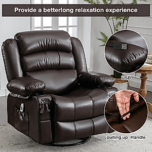 Etsaleruo Massage Swivel Rocker Recliner Chair, PU Leather Living Room Lounge Chair with Vibrating Massage and Heat, Multifunctional Lazy Sofa with Side Pockets 2 Cup Holders USB Charge Port, Brown