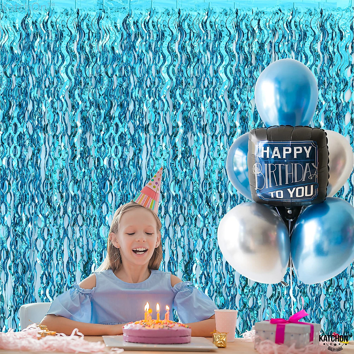 KatchOn, XtraLarge, Wavy Blue Foil Fringe Curtain - 3.2x6.4 Feet, Pack of 2 | Blue Water Streamer Backdrop for Beach Party Decorations | Under The Sea Party Decorations | Summer Decorations for Party