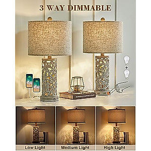 OYEARS 3-Way Dimmable 22'' USB A+C Touch Control Table Lamp Set of 2 with Nightlight for Living Room Bedroom Farmhouse Bedside Nightstand Lamps (2 Bulbs and 2 Built-in LED Beads Included)