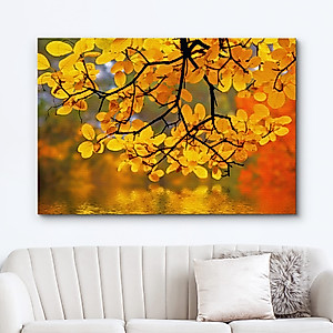 wall26 Canvas Print Wall Art Yellow Leaves in The Forest with Bokeh Camera Effect Floral Nature Photography Realism Bohemian Scenic Relax/Calm Cool for Living Room, Bedroom, Office - 24"x36"