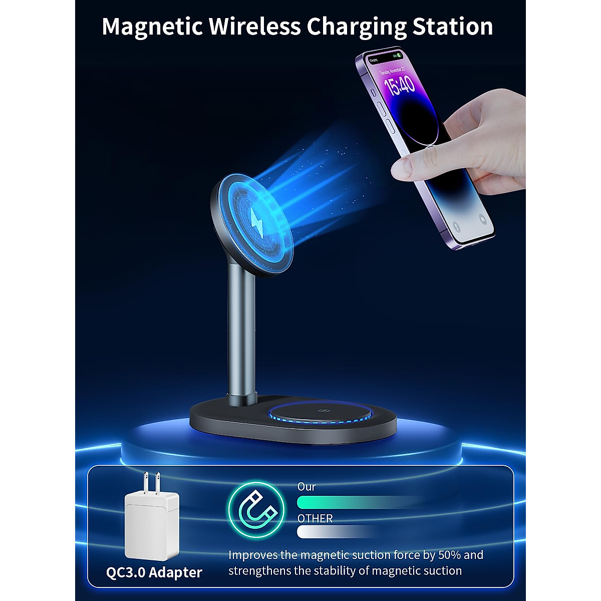 2 in 1 Magnetic Wireless Charger, 15W Fast Charging Mag-Safe Charger Stand for iPhone 15/14/13/12 Series, Wireless Charging Station for AirPods 3/Pro/2 (with QC3.0 Adapter)