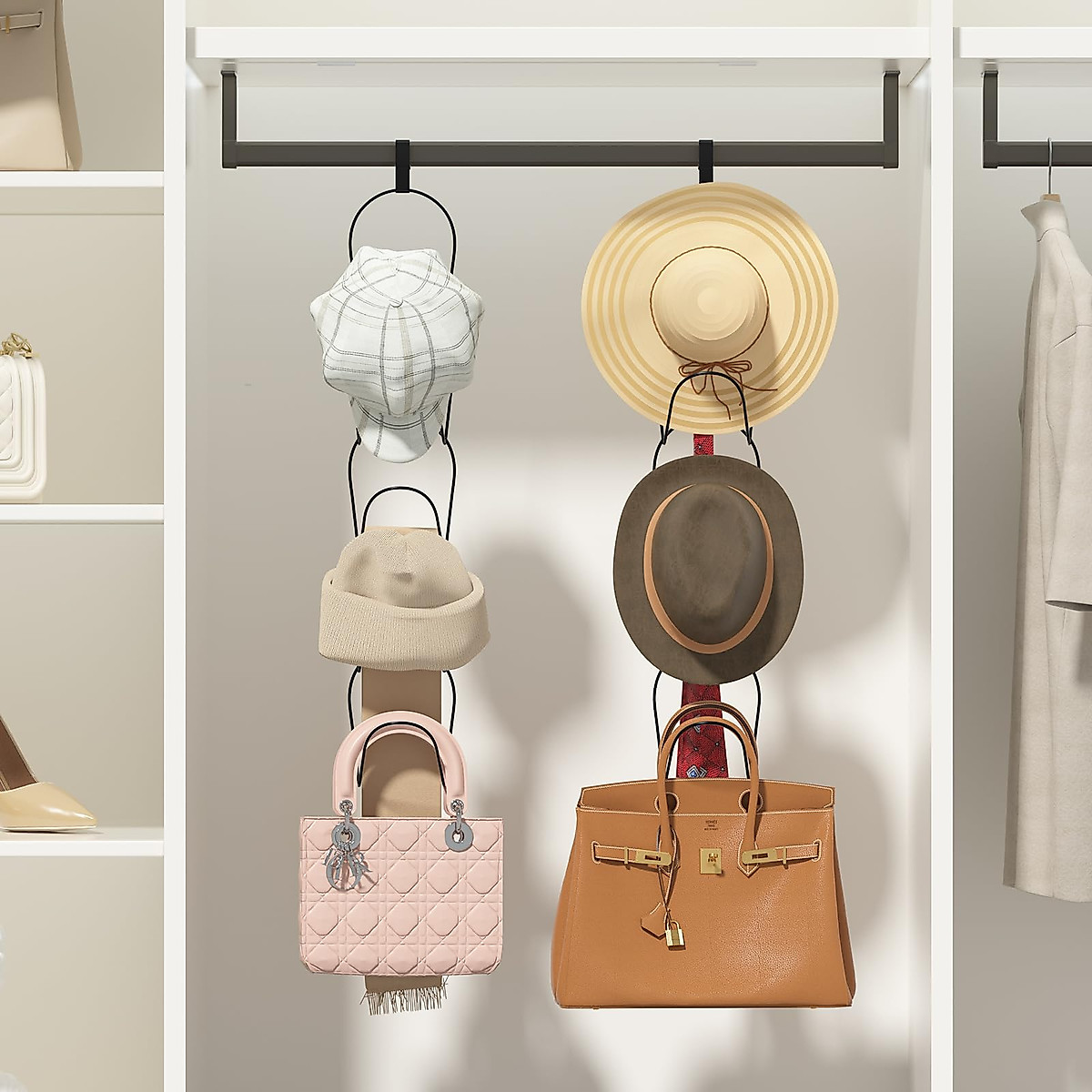 LINFIDITE 10 Pack Hat Rack Hanger Holder Organizer Closet Hanging Baseball Cap Display Storage Rack for Scarves Handbags Towels Clothes Ties Over Door Wall Mounted w Hanging Hook Black