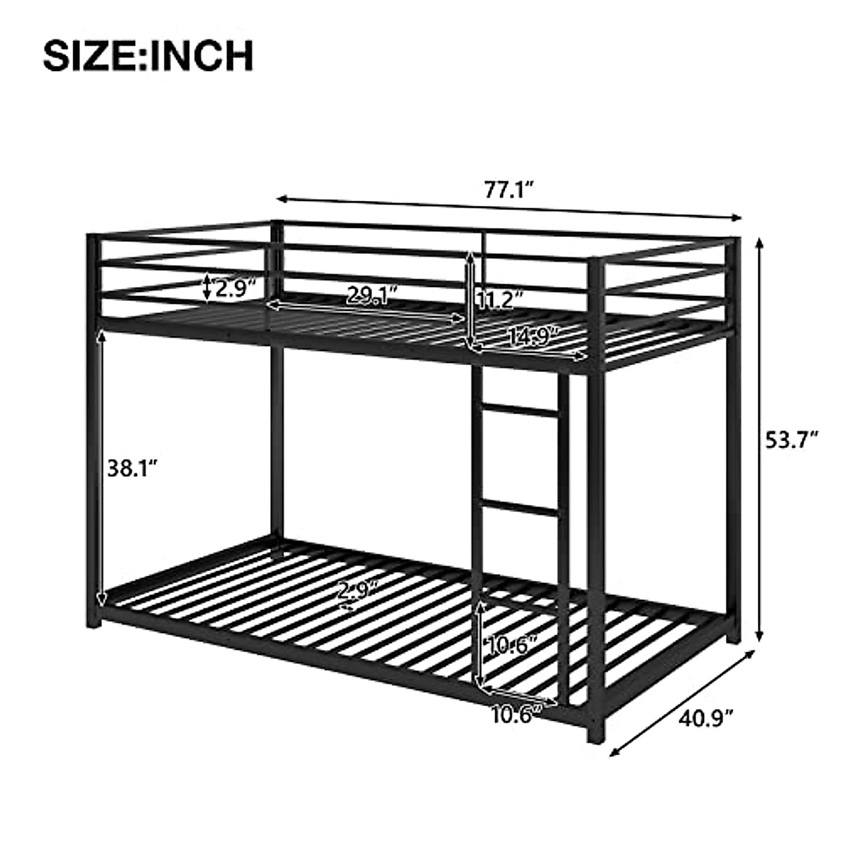 Epinki Metal Bunk Bed, Twin Over Twin, Low Bunk Bed with Ladder, Black Bed Frame, Easy Assembly