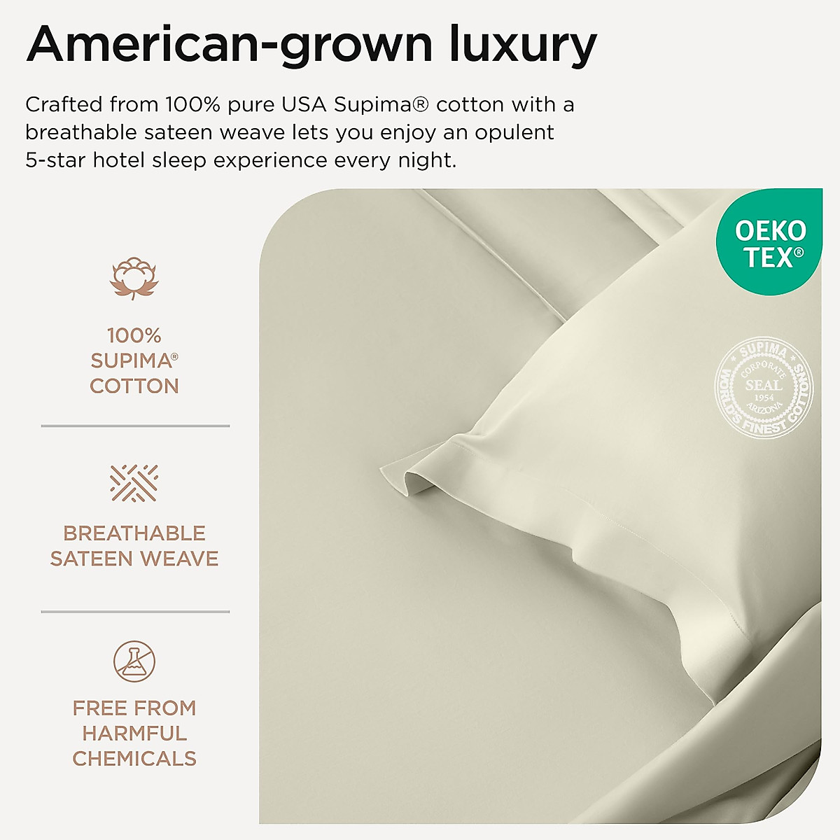 Threadmill Certified 100% American Supima Cotton Sheets, King-Sheets, 1000 Thread Count, 4 Piece Luxury Bed Sheets Set, Hotel Quality Sateen Weave, Ivory Sheets with Elasticized Deep Pocket