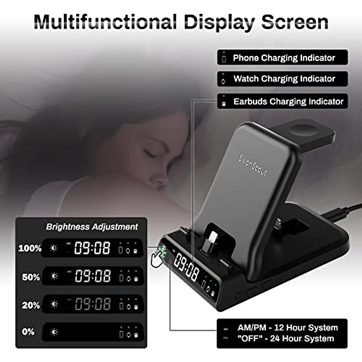 SwanScout Fast Charging Station for Apple Devices, 25W 3 in 1 Charging Station Compatible with Apple Watch Series 8/7/6/5/4, for iPhone 14/13/12/11 Series/XS/SE/8/7/6 & Air pods Pro 2/Pro/3/2