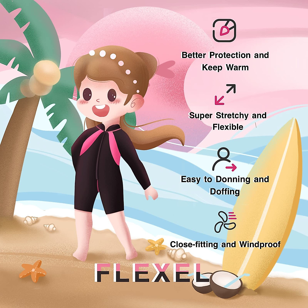Flexel Wetsuit for Girls,2mm Neoprene Kid Wet Suit Shorty Wetsuit for Girls Long Sleeve Girls Wetsuit Thermal Swimsuit for Toddler Youth Wetsuit Girls Water Suit(Pink, L), Large