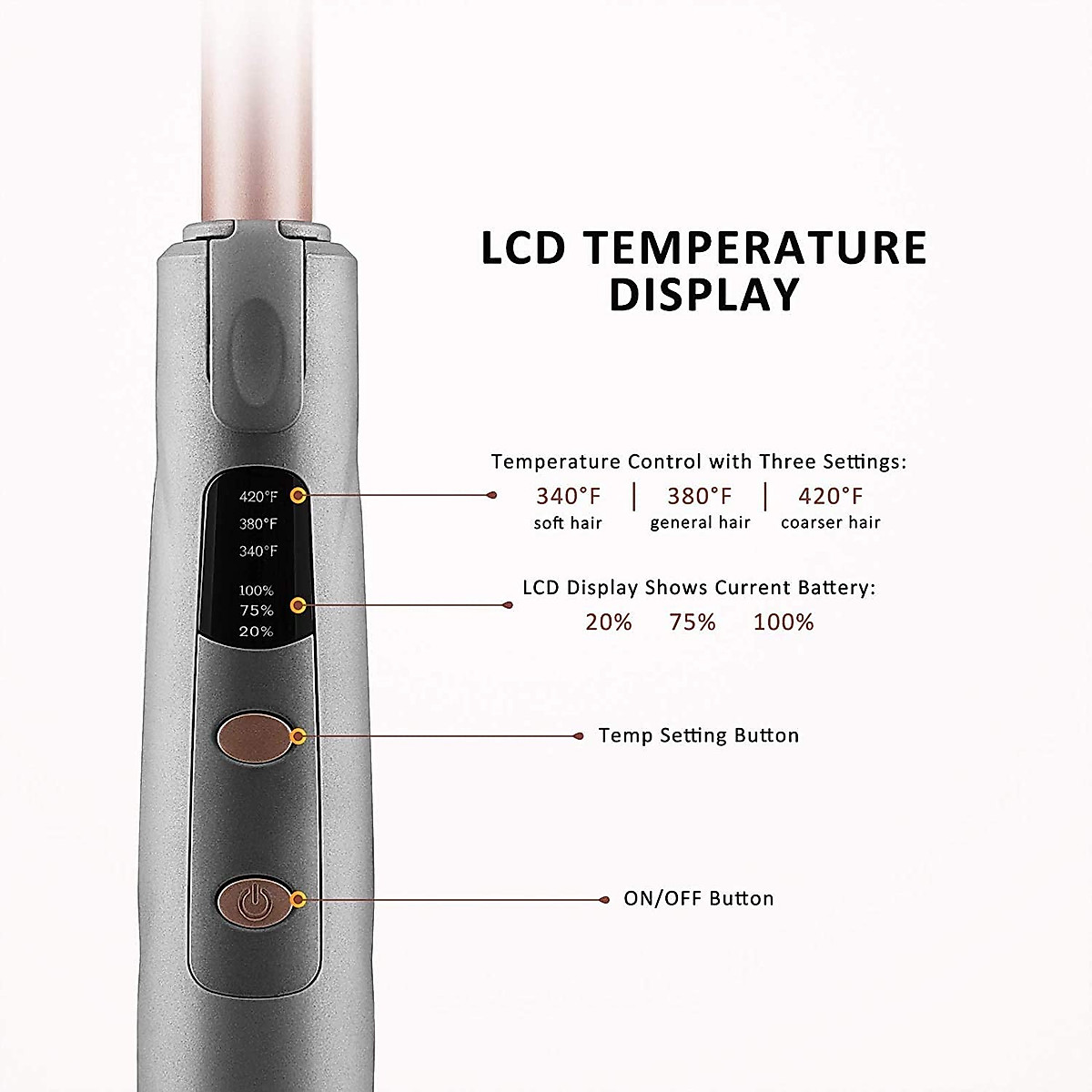 Aokitec 3/4 inch Cordless Travel Curling Iron Ceramic Coating Hair Curler with 5200mAh Battery, Instant Heating up to 420°F Wireless Battery Operated Curling Wand USB Charging Portable Hair Iron