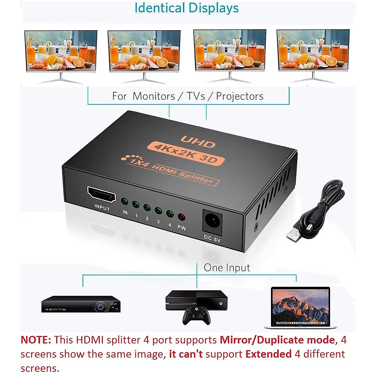 HDMI Splitter 1 in 4 Out 4K, 1x4 HDMI Splitter 3D Full HD 1080P, for Monitors Duplicate/Mirror, Compatible for HDTV PS4 Blu-Ray Player Box STB DVD Player, Projector Etc (1 Source onto 4 Displays)