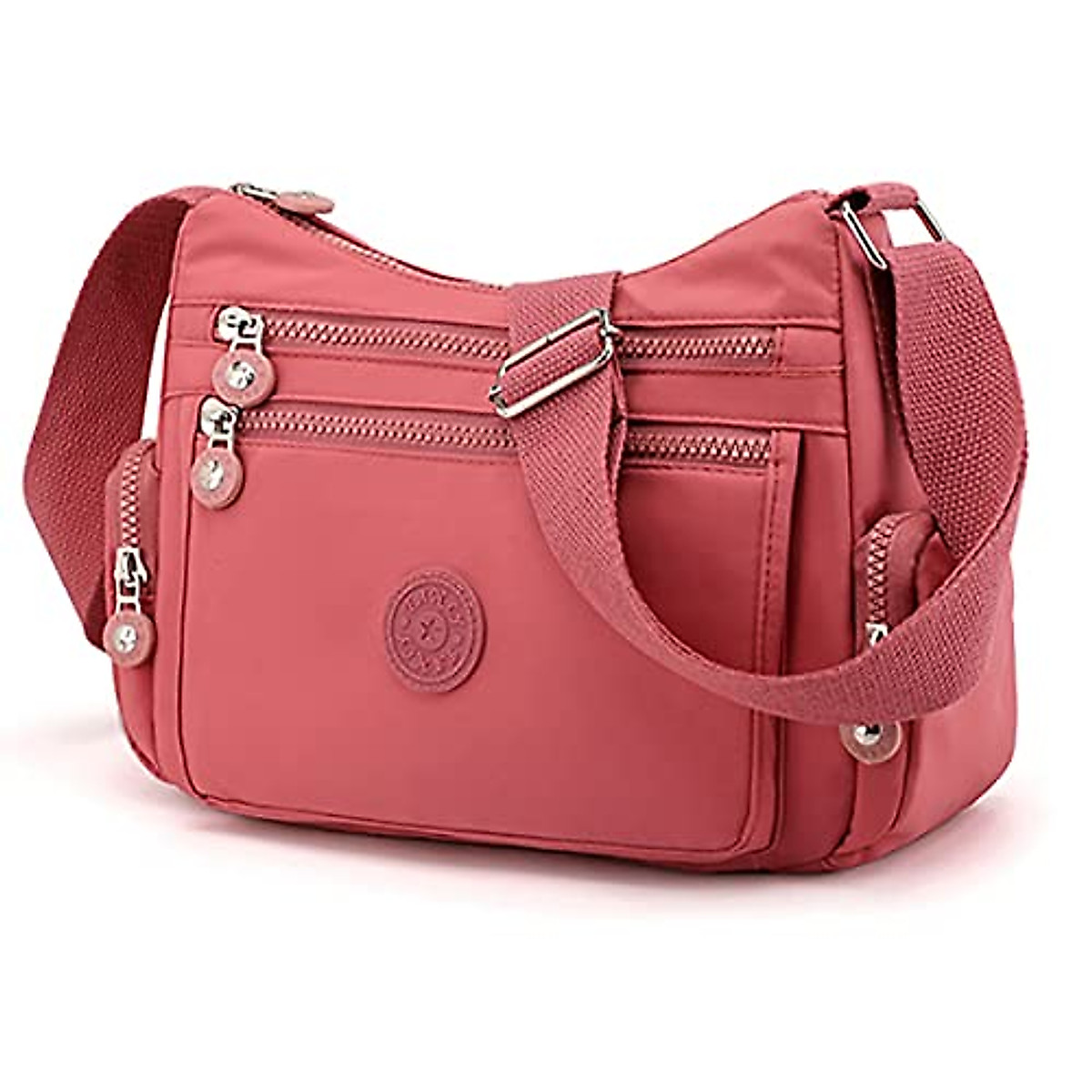 YaJaMa Multi Zipper Women Crossbody Bag Large Capacity Nylon Travel Shoulder Messenger Bag Handbag Satchel (Pink)