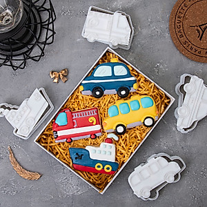 Mostop Bus Cookie Cutters with Stamper, 3D Transportation Vehicle Cookie Mold for Candy Chocolate Biscuit Pastry Cheese Baking Molds