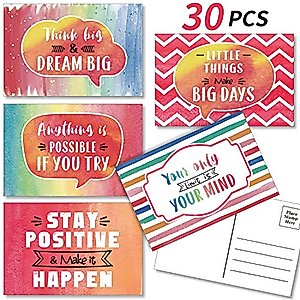 30 Pcs Watercolor Motivational Postcard Teacher for Students, Inspirational Postcards for Kids, Positive Encouragement Themed Blank Quote Cards, Note Postcard for Classroom School