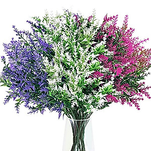 WXBOOM 9pcs Artificial Flowers UV Resistant Faux Plastic Flower Outdoor Fake Lavender Flowers in Bulk Outside Garden Porch Window Hanging Planters Decoration (Purple, White, Magenta)