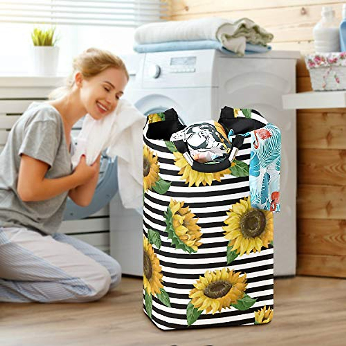 Aflyko Sunflower Black and White Stripes Laundry Basket Foldable Waterproof Laundry Hamper Large Storage Basket with Handles for Bathroom Washhouse Home Decor