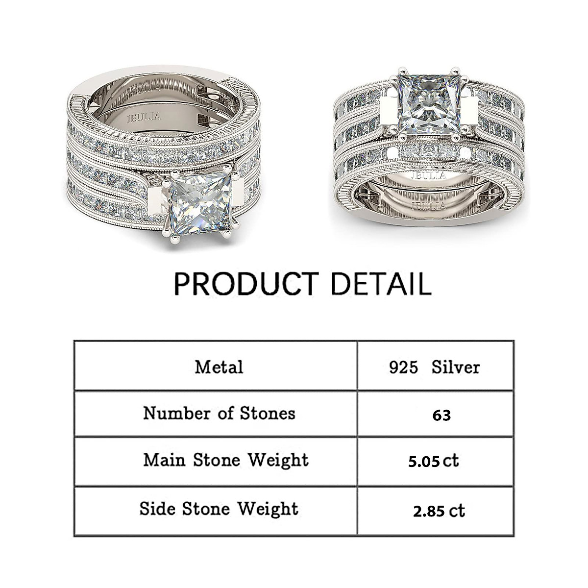 Jeulia 3PC Princess Cut Ring Set: Sterling Silver Halo Diamond Bridal Set Engagement Wedding Band Best Anniversary Promise Valentines Jewelry Gift with Box (White Diamond, 8.5)