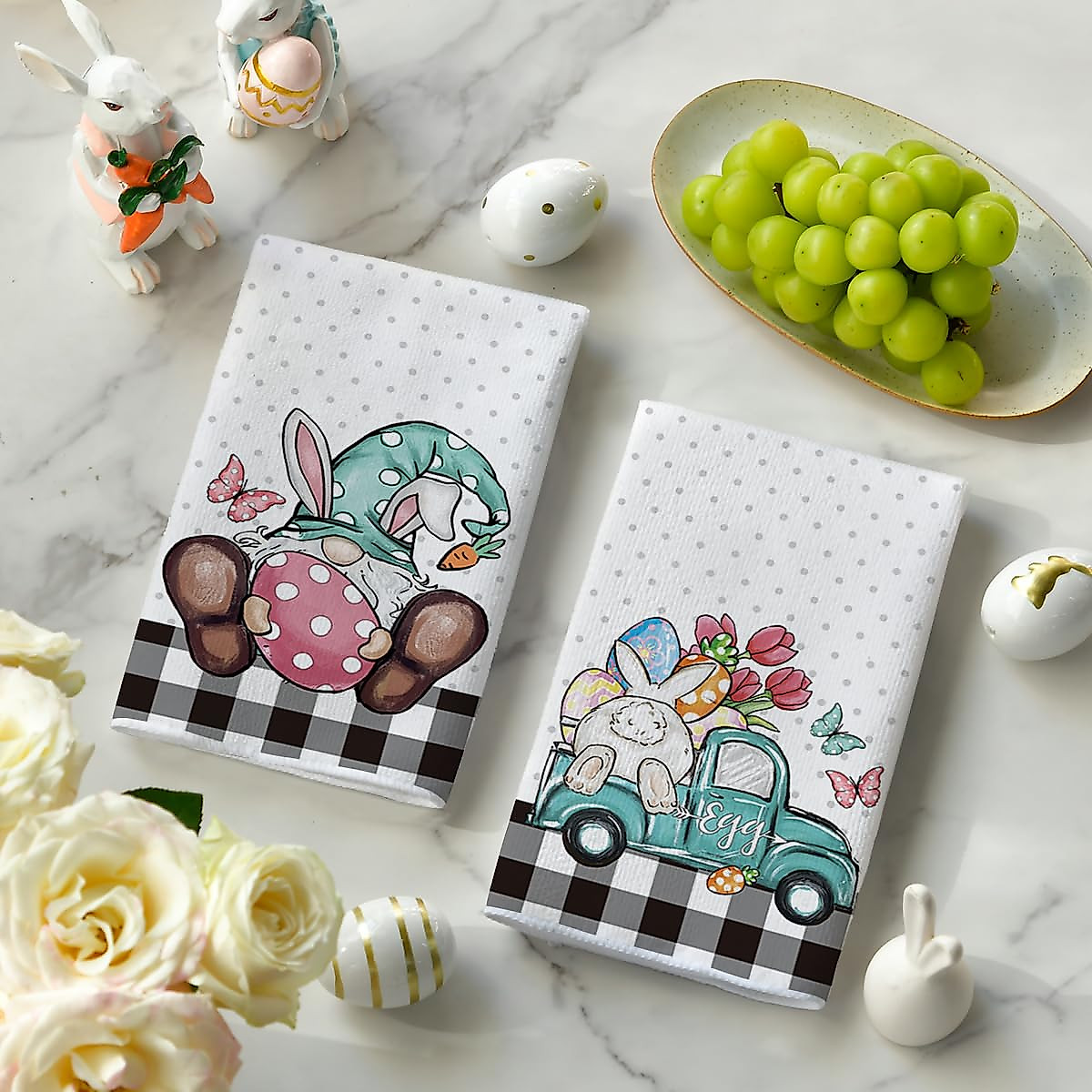 Artoid Mode Buffalo Plaid Gnome Egg Truck Bunny Rabbit Easter Kitchen Towels Dish Towels, 18x26 Inch Seasonal Spring Decoration Hand Towels Set of 2