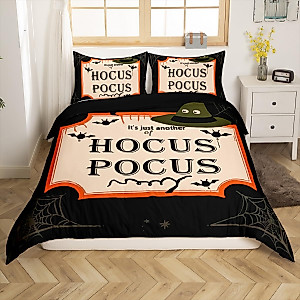 Feelyou Happy Halloween Duvet Cover Set Queen Size Hocus Pocus Bedding Set for Kids Boys Girls Teens Magic Hat Comforter Cover Set Bat Bedspread Cover 3Pcs