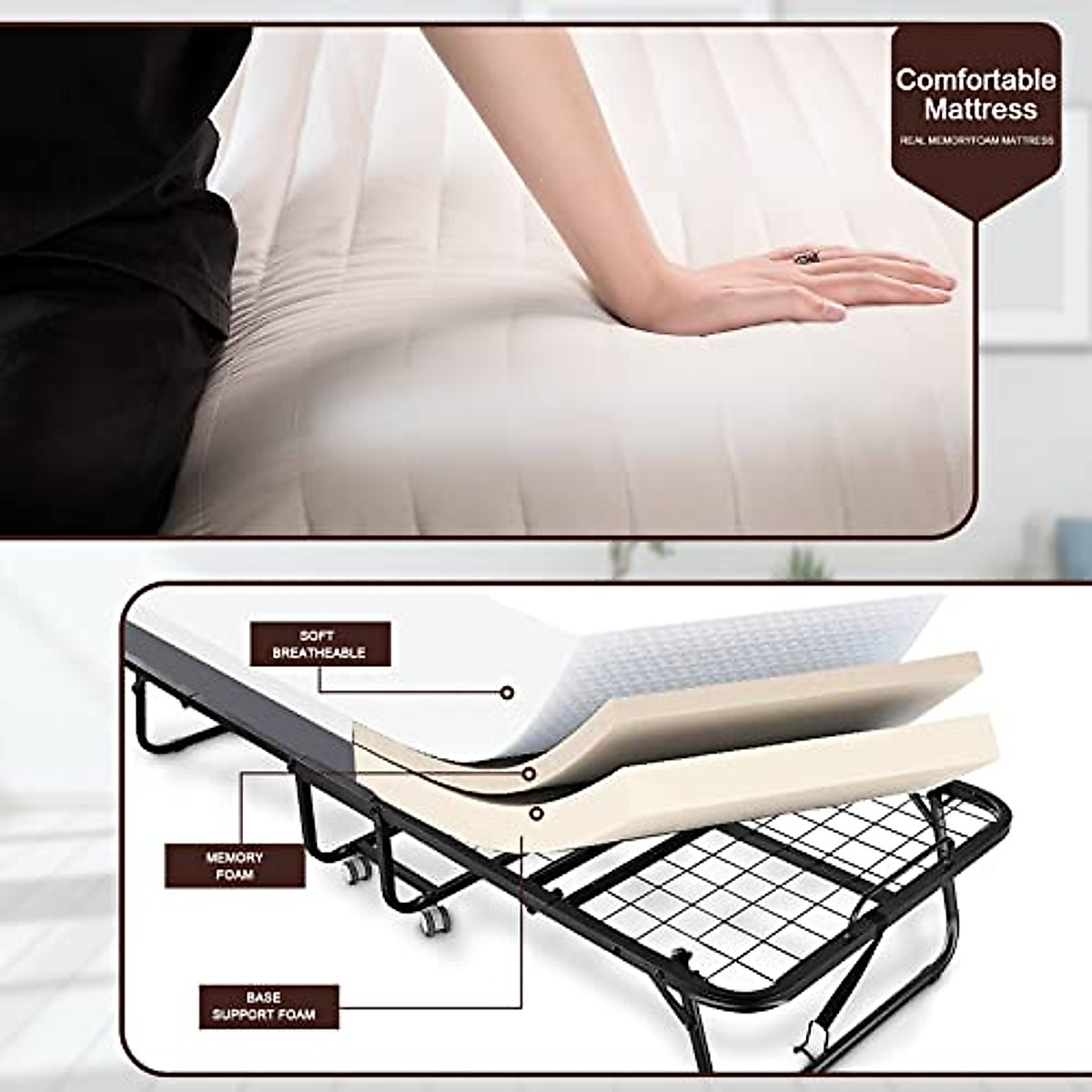 PONROL Folding Bed with Luxurious Memory Foam Mattress, Portable Foldable Roll Away Adult Bed for Guest, Space Saving Fold Up Soft Mattress Bed for Easy Storage, 75" L*31”W