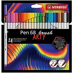 STABILO Premium Fibre-Tip Pen with Brush Tip Pen 68 brush - ARTY - Pack of 24 - Assorted Colours